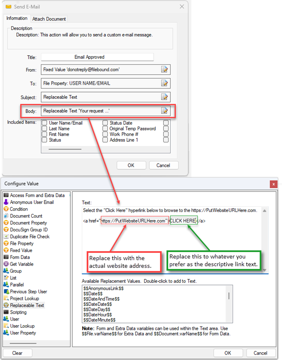 Creating a Clickable Link in an Email Workflow Stencil with Custom Text