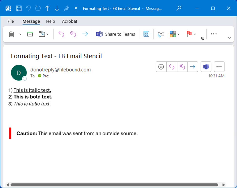 Can you format text in the body of an email stencil in a workflow? Can you format text in the body of an email stencil in a workflow?